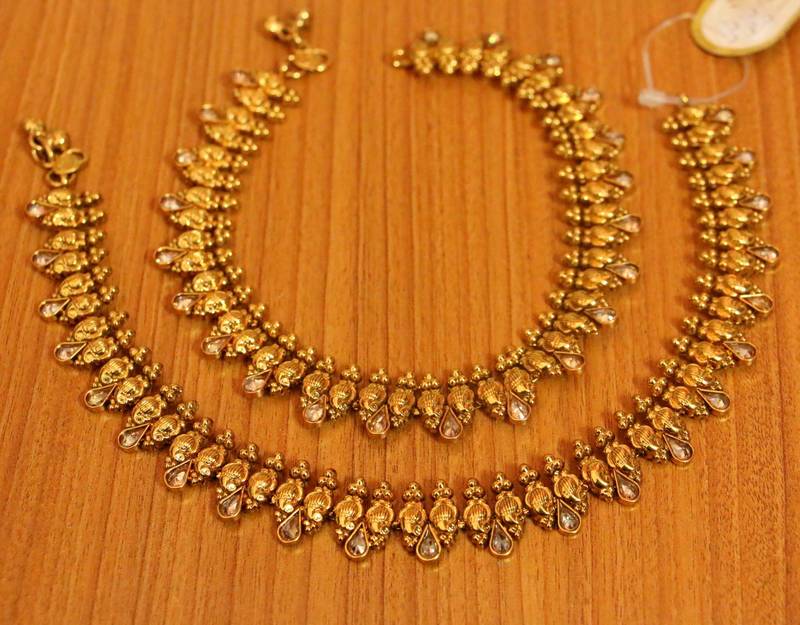 Gold Plated Antiqe Gold Polki Studded Anklets - Sanvi Jewels - 2661920