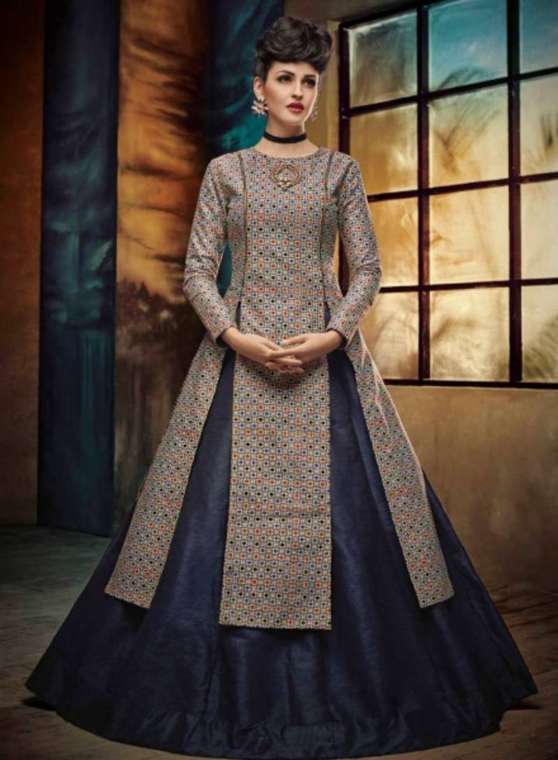 Blue printed silk unstitched lehenga - Alok Creation - 2070562