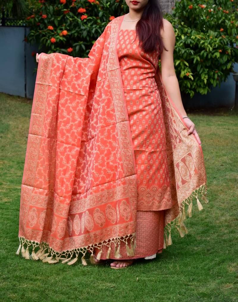 Dark Peach Brocade Banarasi Brocade Salwar - Richa Pandey - 2665932