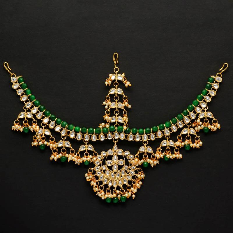 Green Color Kundan Work Matha Patti - Jaipur Mart - 2666439