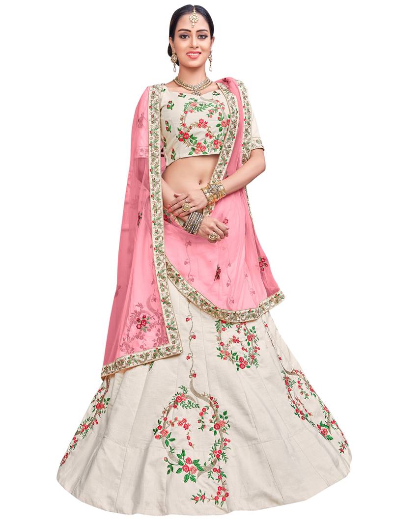 White Embroidered Silk Semi Stitched Lehenga With Dupatta - MANVAA ...