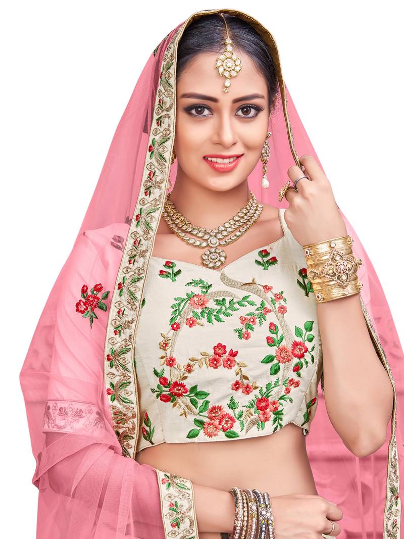 White Embroidered Silk Semi Stitched Lehenga With Dupatta - MANVAA ...
