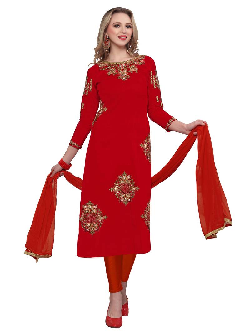 Red embroidered cotton straight salwar suit - Vastrang - 2670971