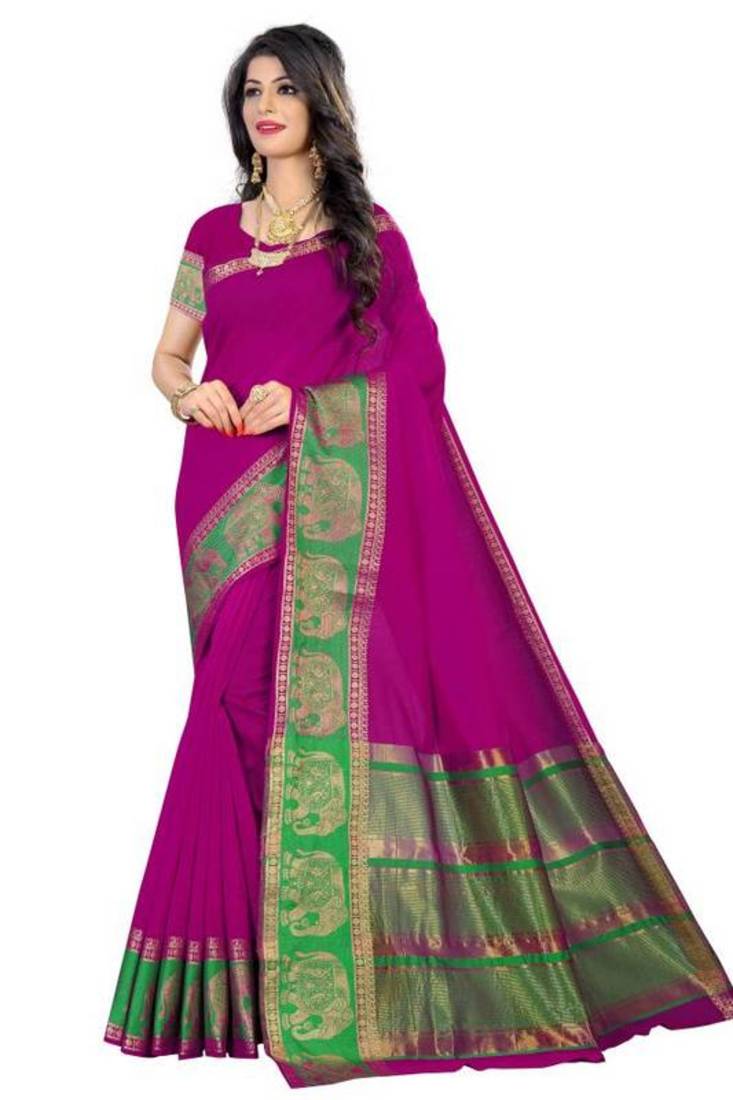 Pink printed banarasi cotton saree with blouse - Kunish Fashion - 2674375