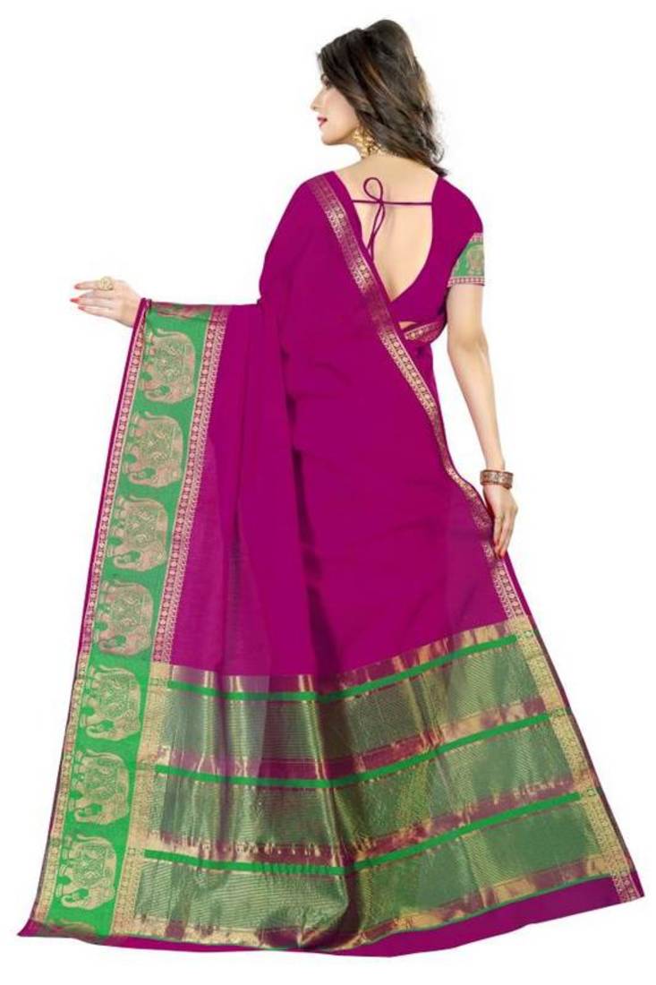 Pink printed banarasi cotton saree with blouse - Kunish Fashion - 2674375