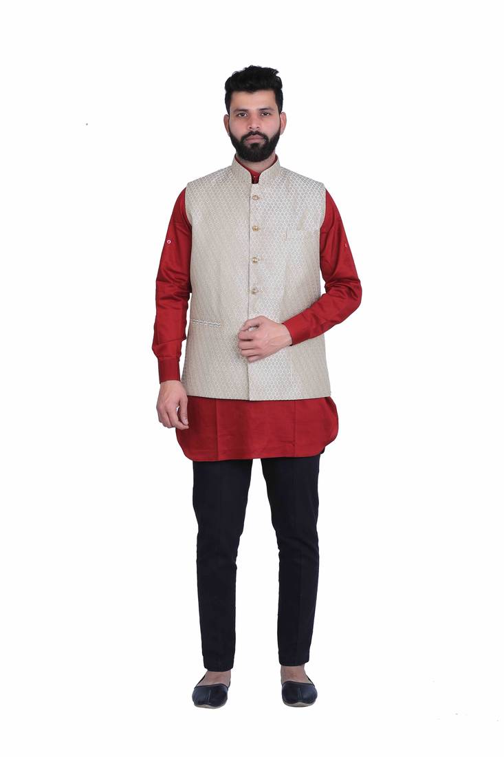 Beige Dupion Silk Printed Nehru Style Jacket - Veera Paridhaan - 2675008