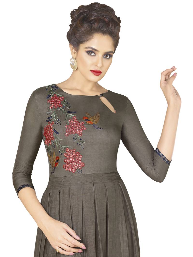 Grey Embroidered Rayon Semi Stitched Gown - Stylee Lifestyle - 2677753