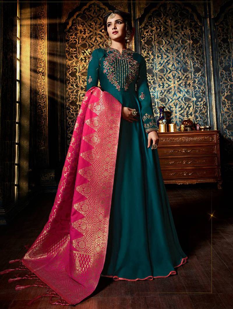 Teal embroidered silk salwar with dupatta - Monjolika - 2680573