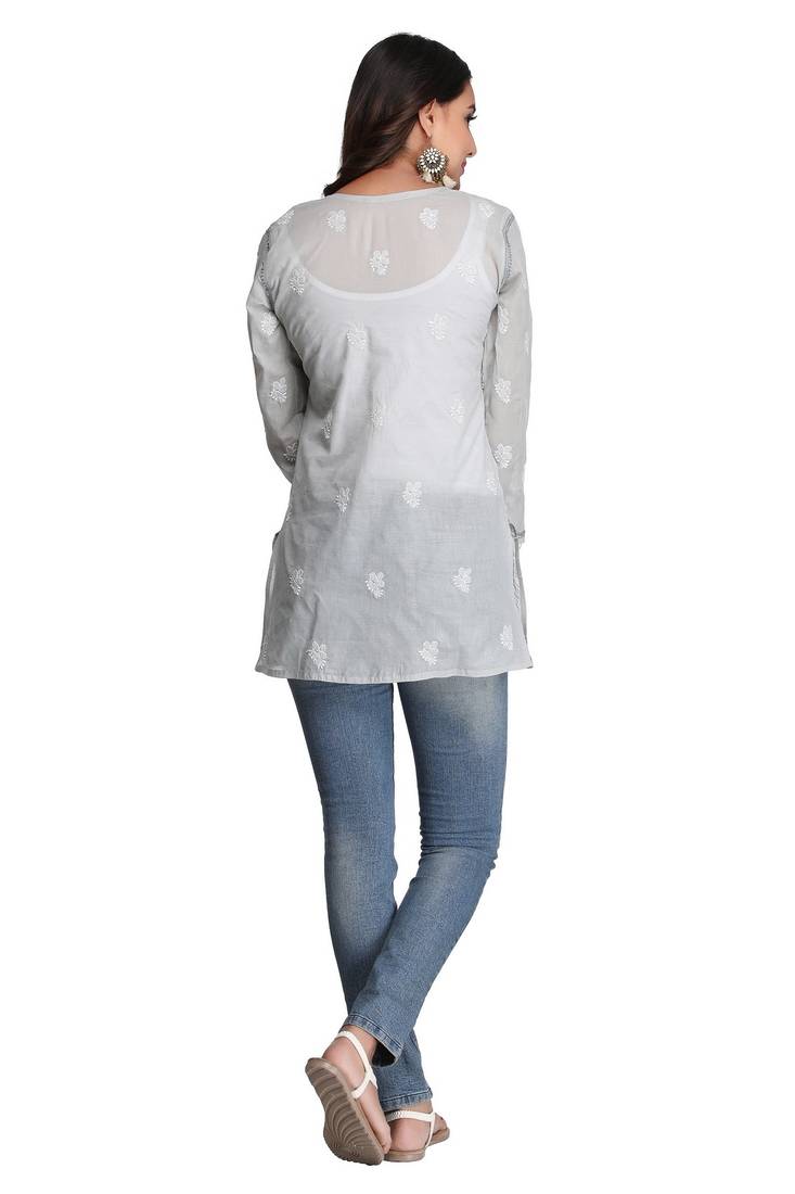 Grey Embroidered Cotton Chikankari Short Kurti - Ada - 2682216