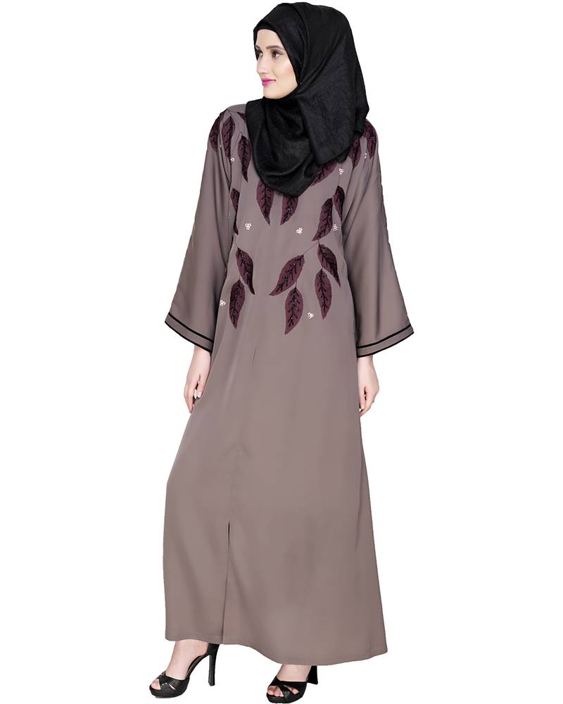 Modest Forever Umber Brown Embroidered Satin Nida Stitched Islamic ...