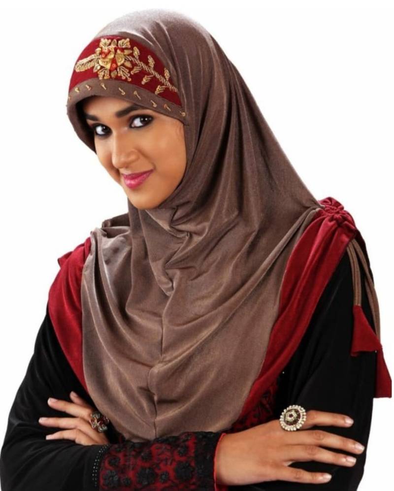 Golden Stretchble Polyester Handwork Hijab - Parvin - 2685031