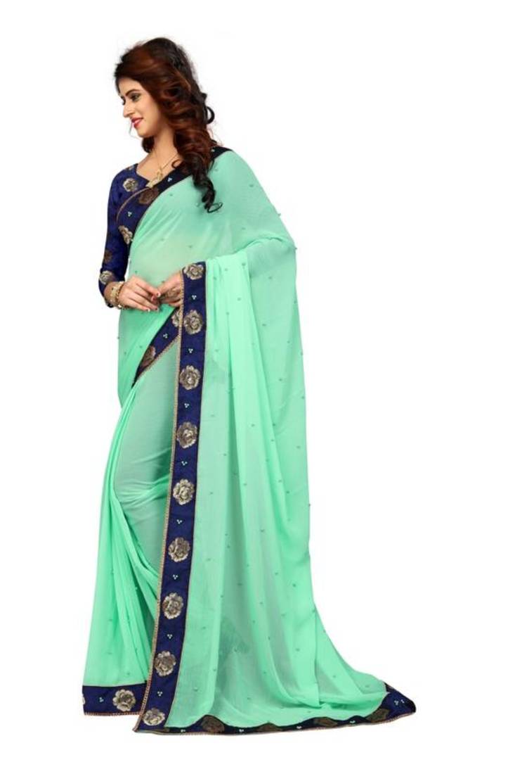 Green plain georgette saree with blouse - Shoppershopee - 2687102