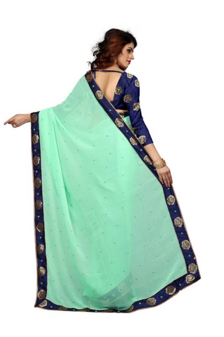 Green plain georgette saree with blouse - Shoppershopee - 2687102