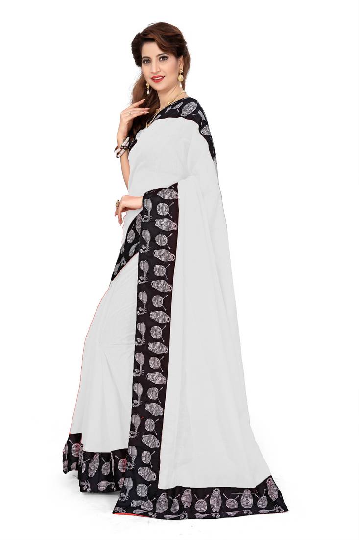 White printed cotton saree with blouse - Nandini Creation - 2687885