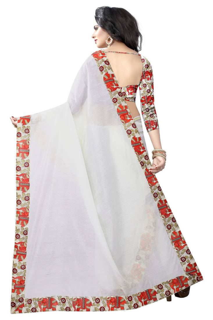 White printed cotton saree with blouse - Nandini Creation - 2687893