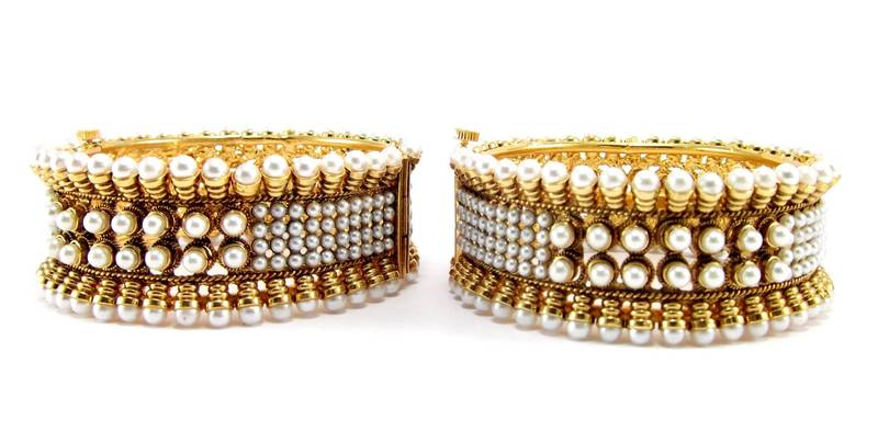 ethnic design pearl gold plated screw openable bangle - 9blings - 362378