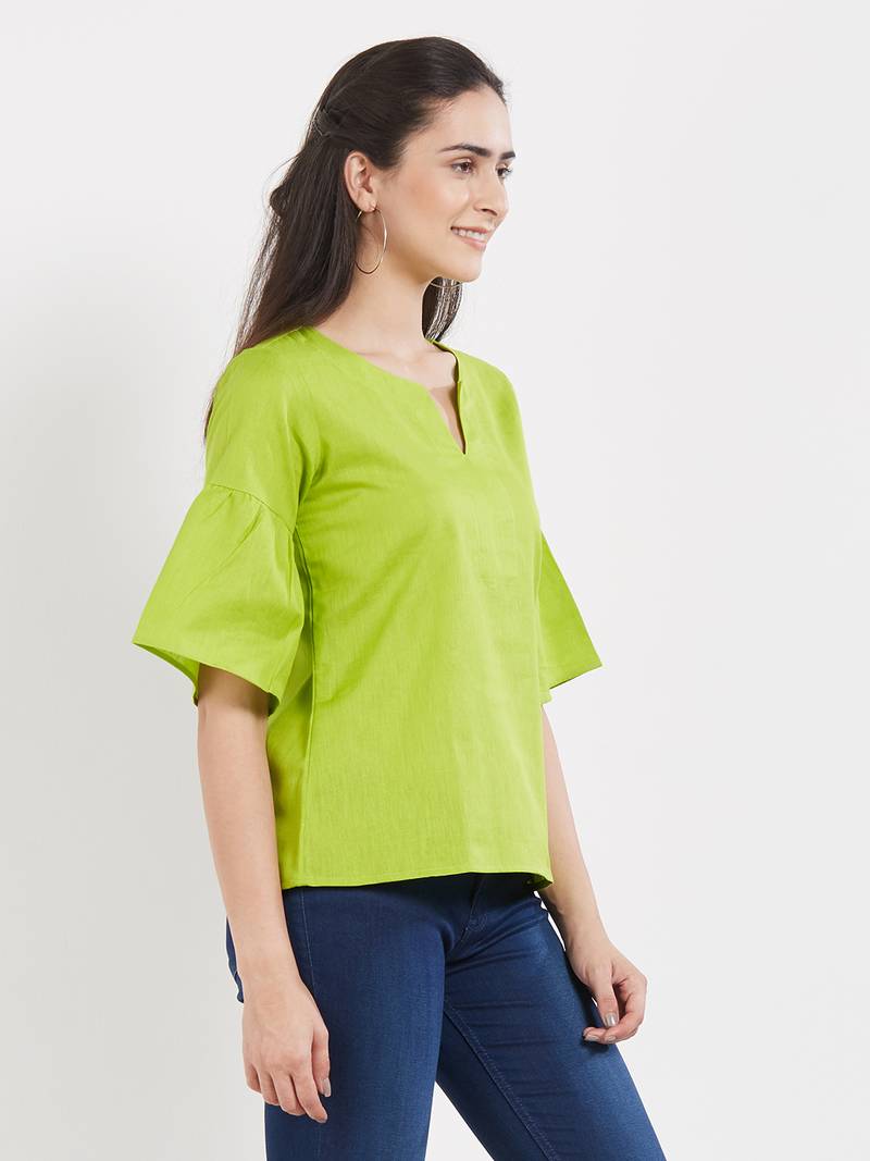 Lime green top with flaired sleeves with gathers - DESI WEAVESS - 2688726