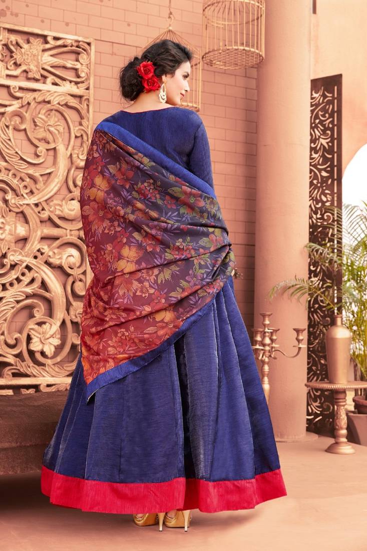 Blue Moti Satin Semi Stitched Anarkali Salwar With Dupatta - Divine ...