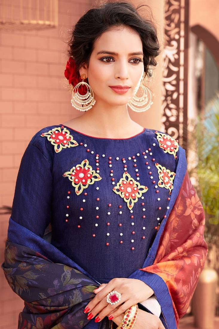 Blue Moti Satin Semi Stitched Anarkali Salwar With Dupatta - Divine ...