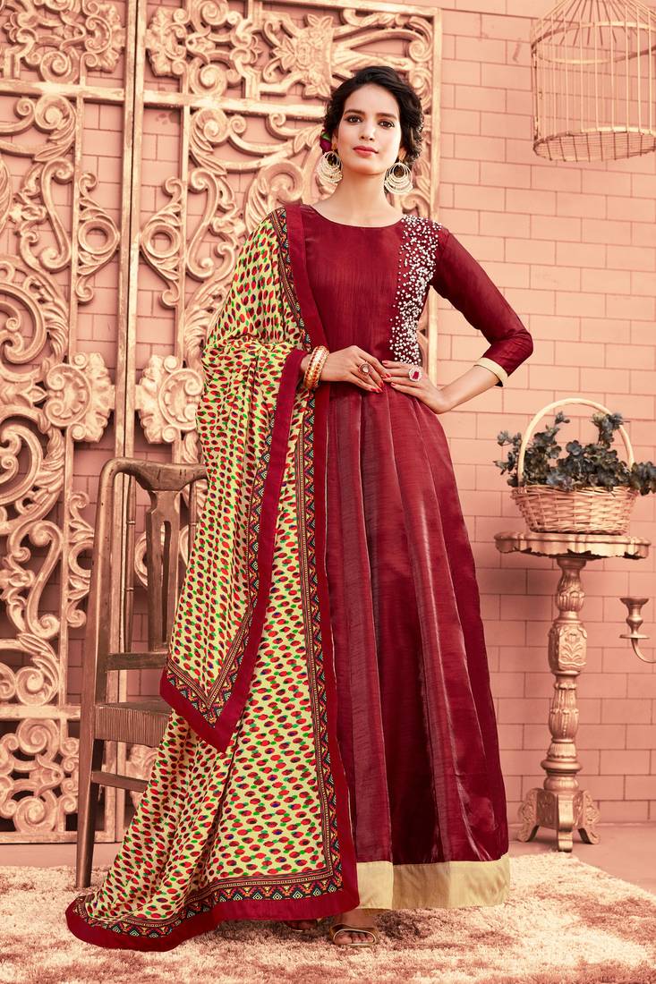 Red Moti Satin Semi Stitched Anarkali Salwar With Dupatta - Divine ...