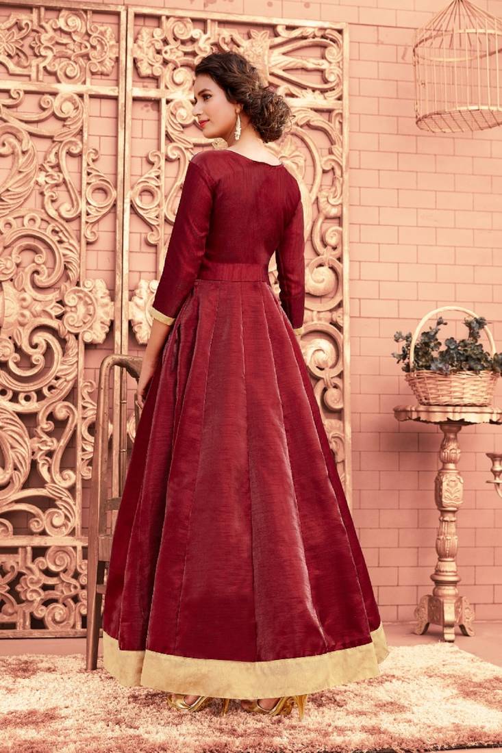 Red Moti Satin Semi Stitched Anarkali Salwar With Dupatta - Divine ...