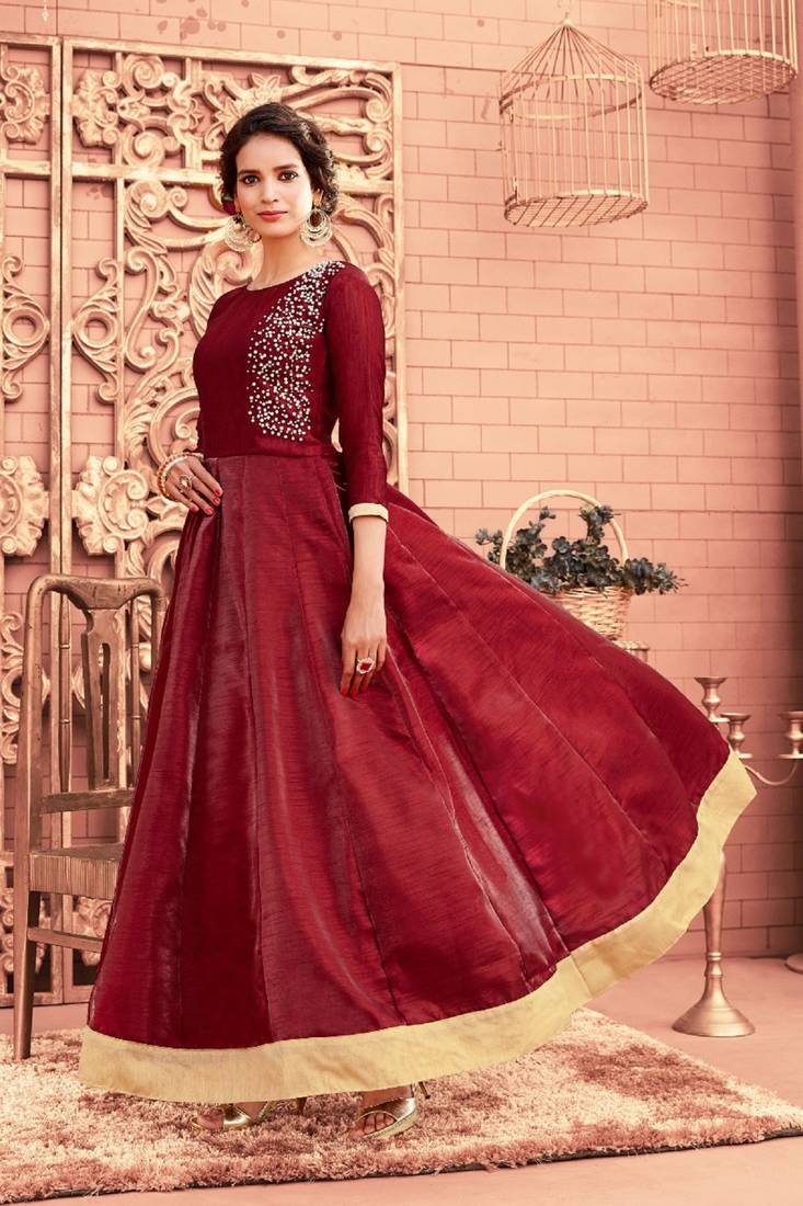 Red Moti Satin Semi Stitched Anarkali Salwar With Dupatta - Divine ...