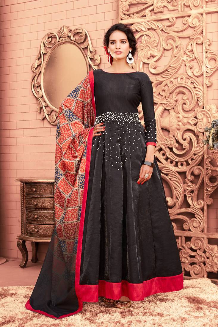 Black Moti Satin Semi Stitched Anarkali Salwar With Dupatta - Divine ...