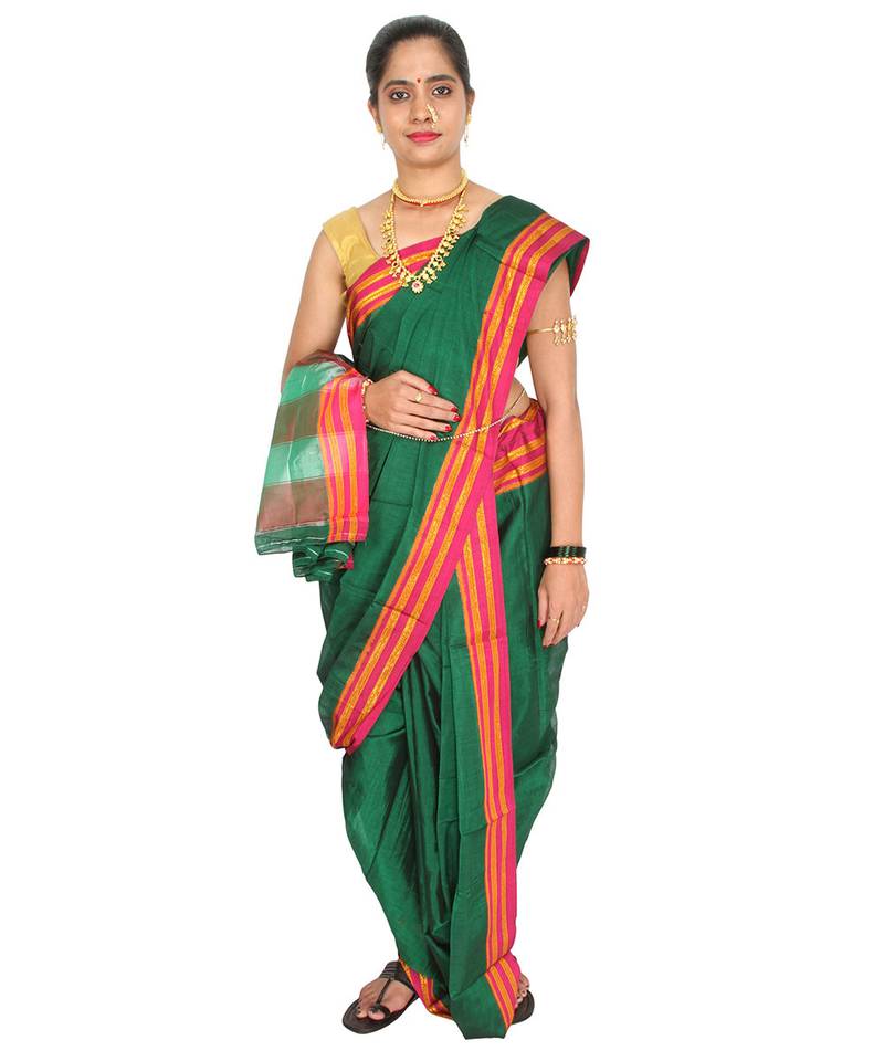 Green Plain Art Silk Chanderi Nauvari Saree - KALAPURI - 2693021