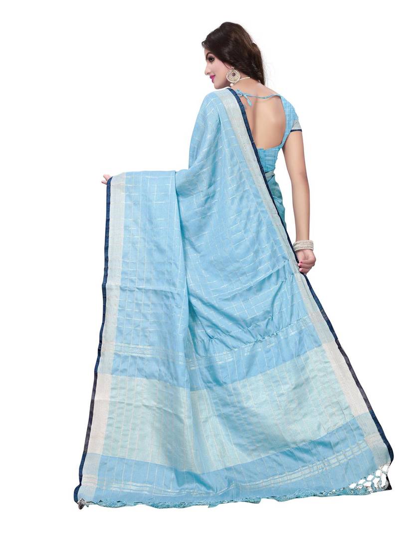 Sky Blue Plain Saree With Blouse - Satrani Fashion - 2693034