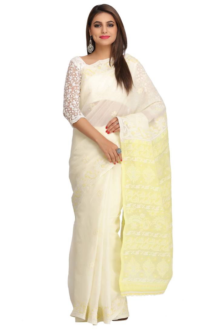 Light Yellow Embroidered Cotton Saree With Blouse - Ada - 2700031