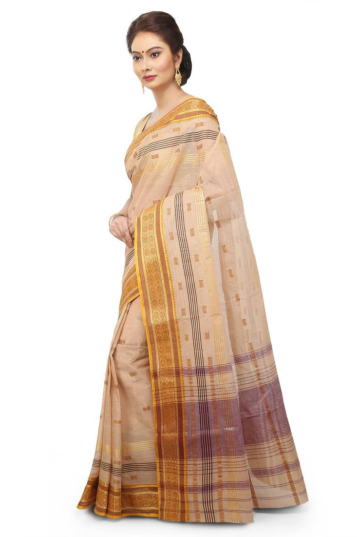 Beige Plain Cotton Saree - Buymyethnic - 2701393
