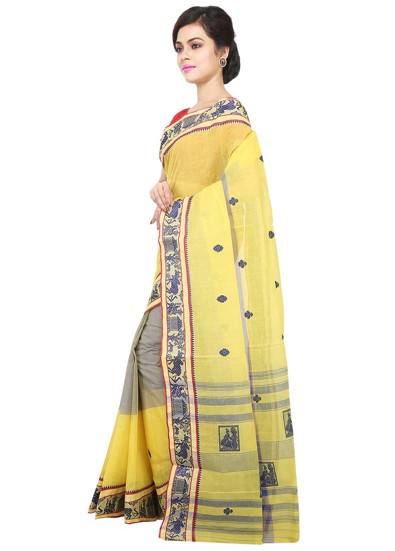 Yellow Plain Cotton Saree - Buymyethnic - 2701637
