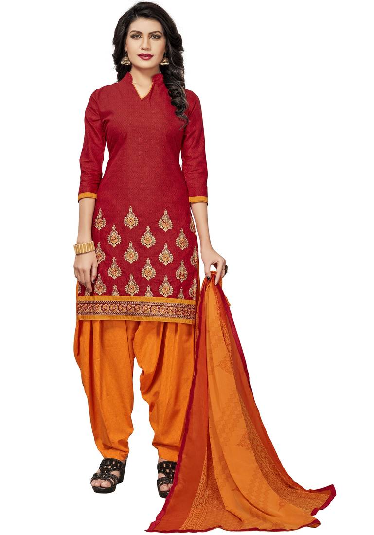 Red self design polyester salwar with dupatta - TICKNMART - 2701645