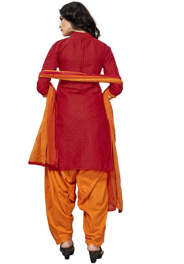 Red self design polyester salwar with dupatta - TICKNMART - 2701645