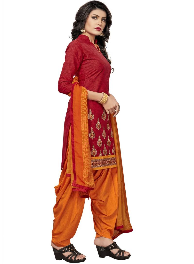 Red self design polyester salwar with dupatta - TICKNMART - 2701645
