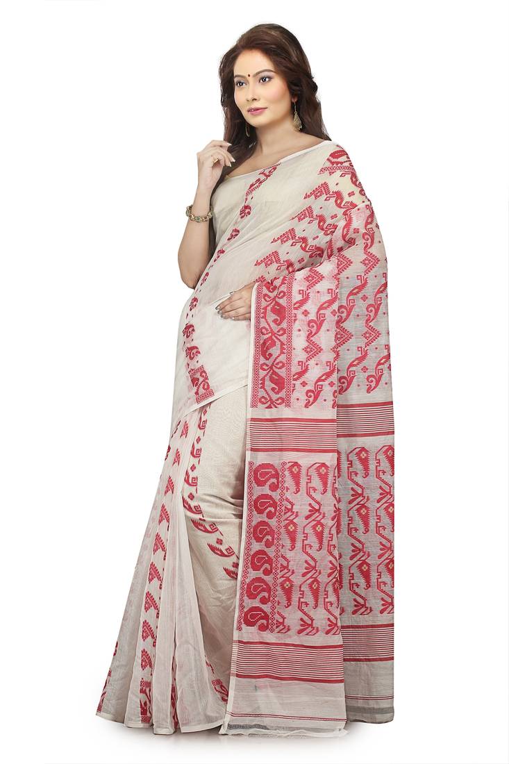 White Plain Cotton Silk Saree - Buymyethnic - 2704001