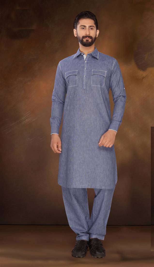Blue Plain Polly Linen Pathani Suit - SHILPA CREATION - 2704227