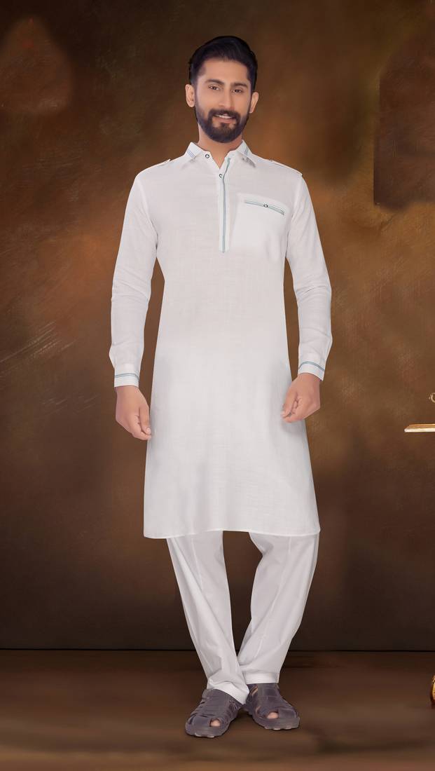 White Plain Reamy Linen Pathani Suit - SHILPA CREATION - 2704233