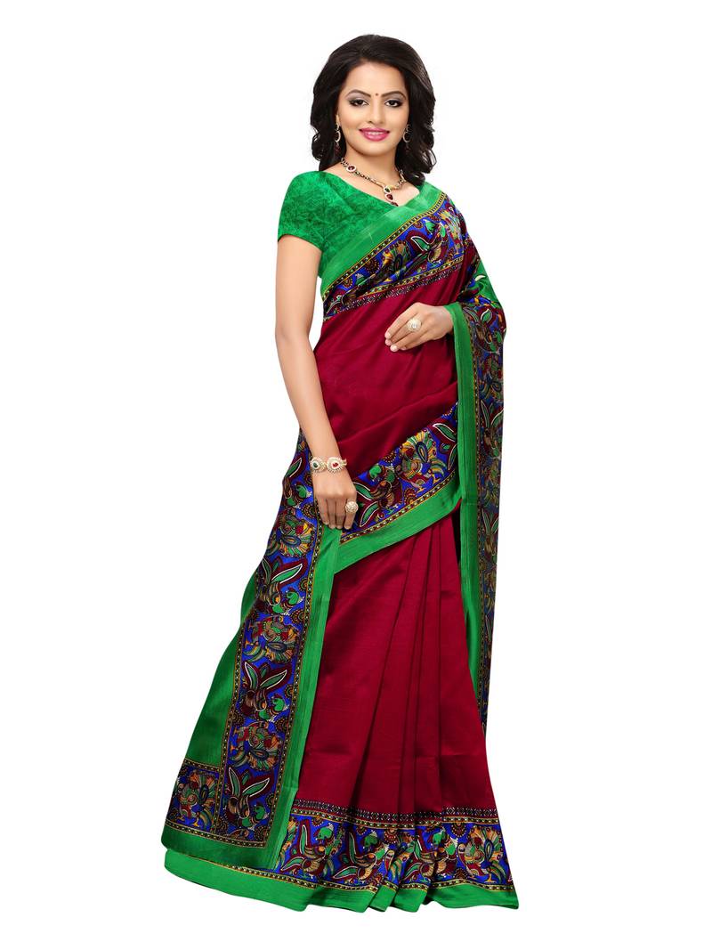 Maroon plain silk blend saree with blouse - Satrani Fashion - 2706306
