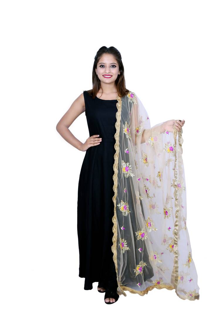 Golden net dupatta with embroidery work - MONIKA - 2708910