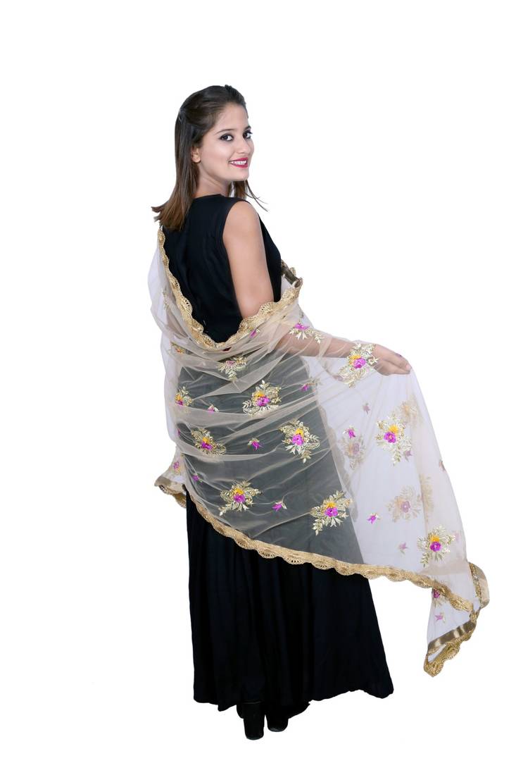 Golden net dupatta with embroidery work - MONIKA - 2708910