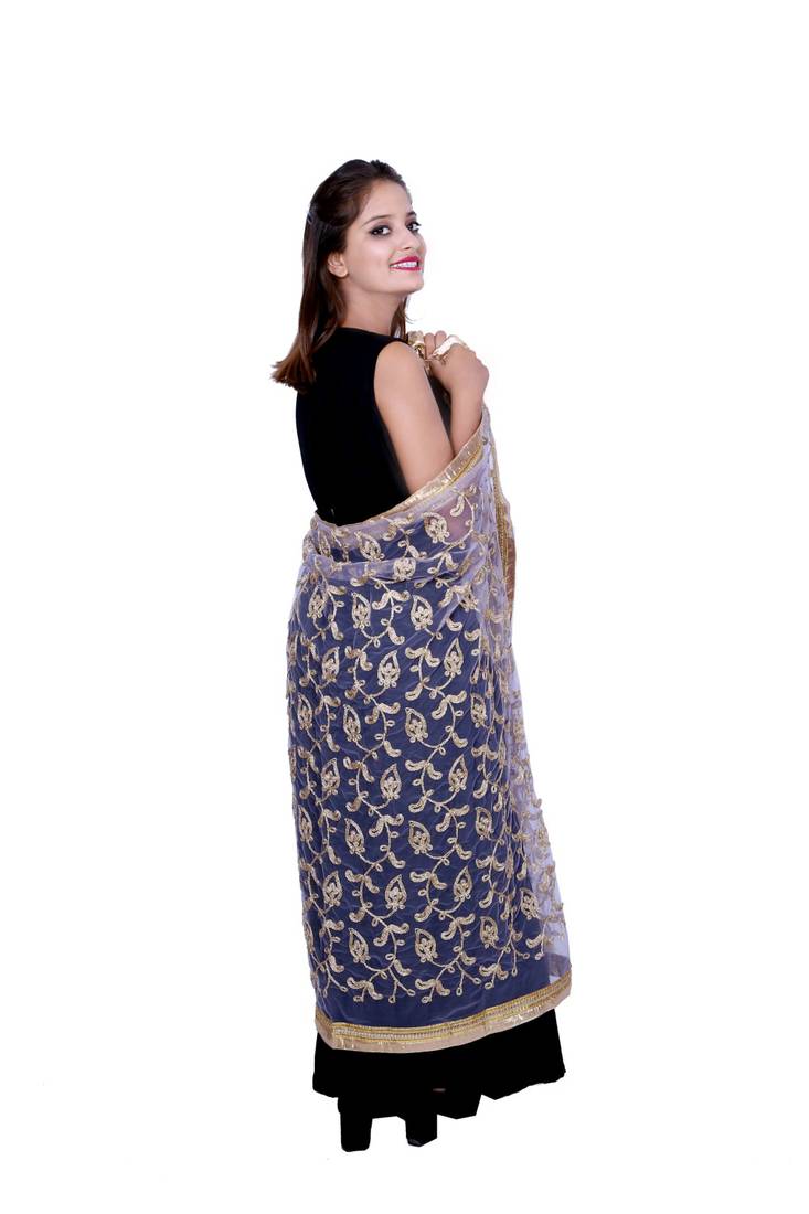 Golden net dupatta with jaal embroidery work - MONIKA - 2708912