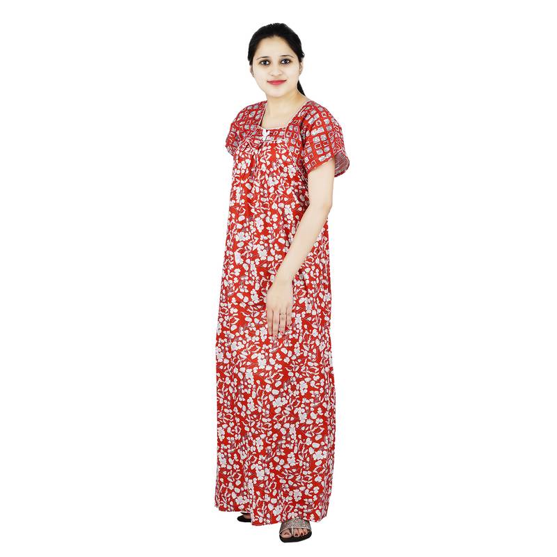 Red and white colour floral design printed square neck cotton nighty ...