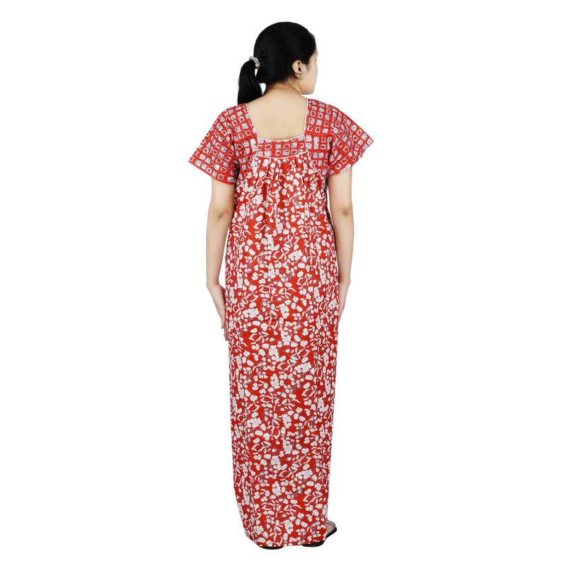 Red and white colour floral design printed square neck cotton nighty ...