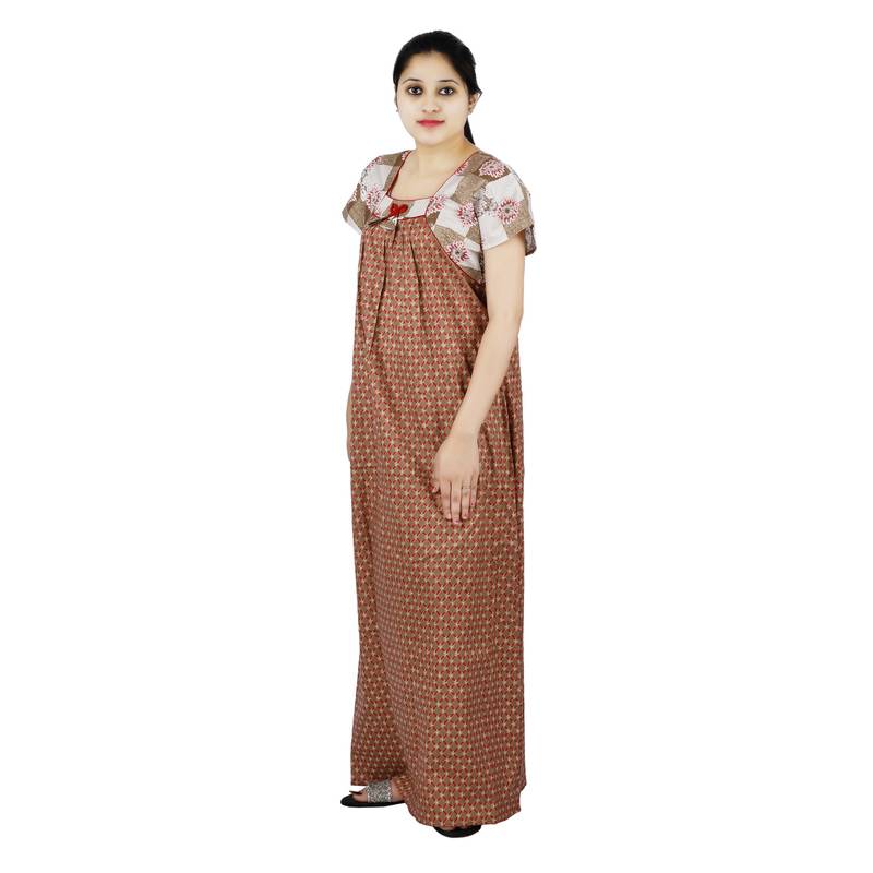 Red and brown colour floral design printed square neck cotton nighty ...