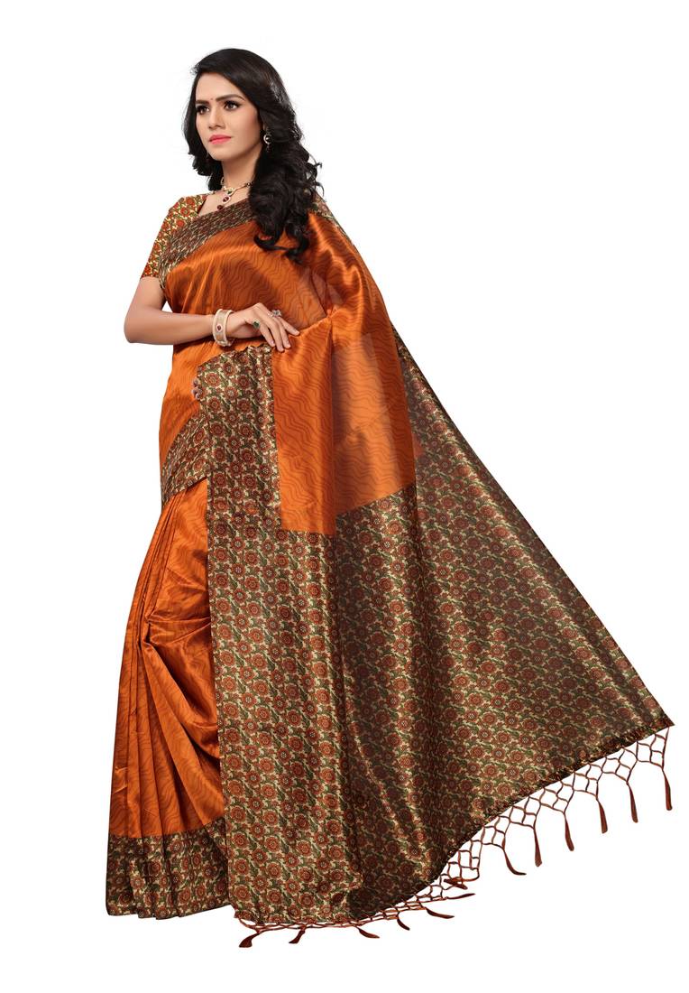 Rust And Green Printed Mysore Silk Saree With Blouse - muhenera s - 2716056