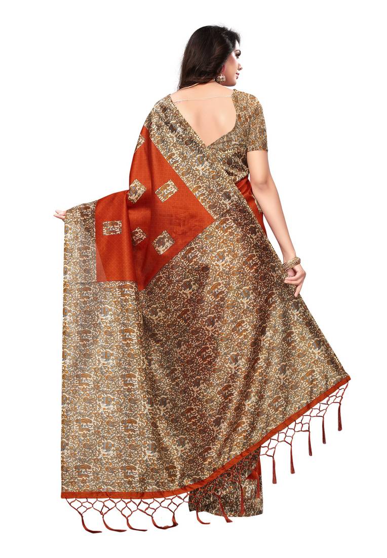Rust Printed Mysore Silk Saree With Blouse - muhenera s - 2716091