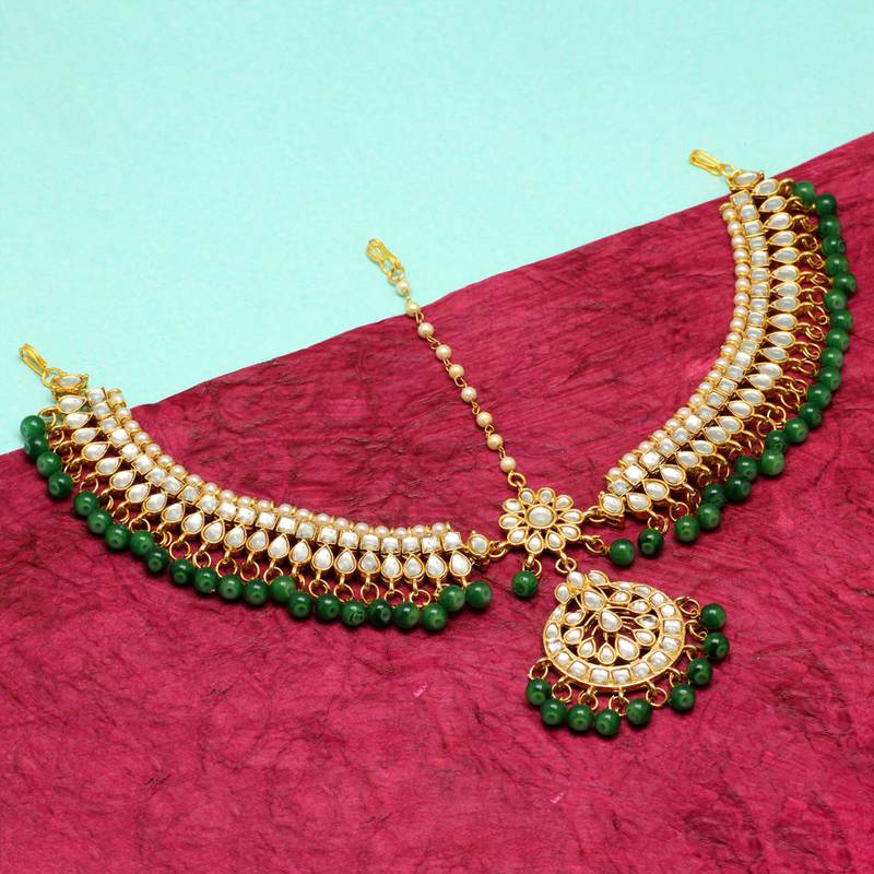 Green Color Kundan Work Matha Patti - Jaipur Mart - 2716416