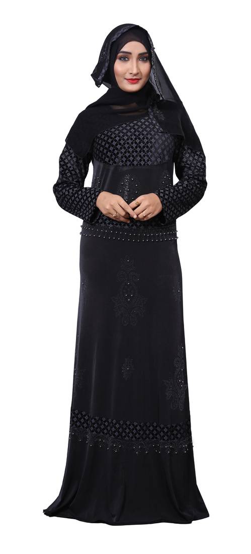 Black Color Embosed Lycra Burkha With Hijab For Women - JSDC - 2716604