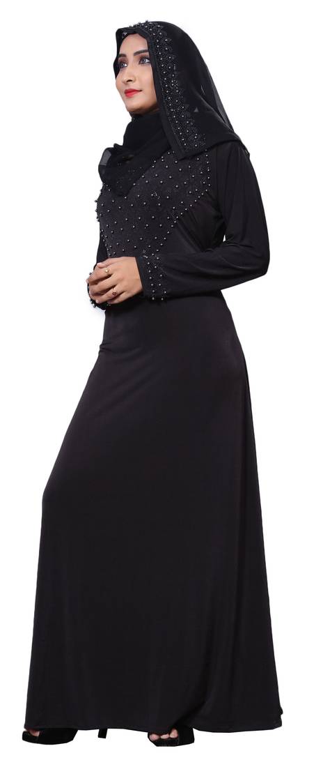 Black Color Beads Work Lycra Burkha With Hijab For Women - JSDC - 2716619